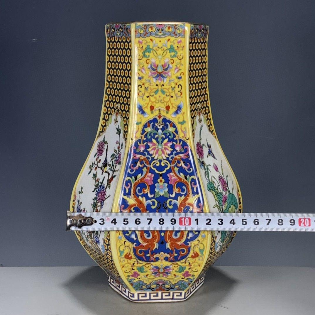 清代雍正彩蒔花鳥多稜花瓶 景徳鎮 陶磁器 装飾品 現代工芸品美術品 置物