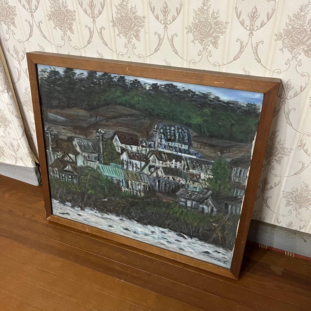 【アンティーク】額縁 額装 絵画 油絵 油彩 風景画 家 山村 田舎 川 葉っぱ