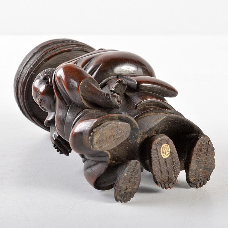 中国　唐木紫壇彫刻　母子像　置物　在銘　V　R5162