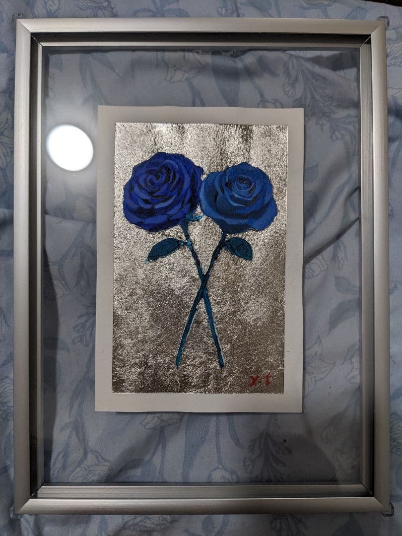 最高級プラチナ箔で青薔薇　超美品！値下げ交渉あり。アクリル画　絵画