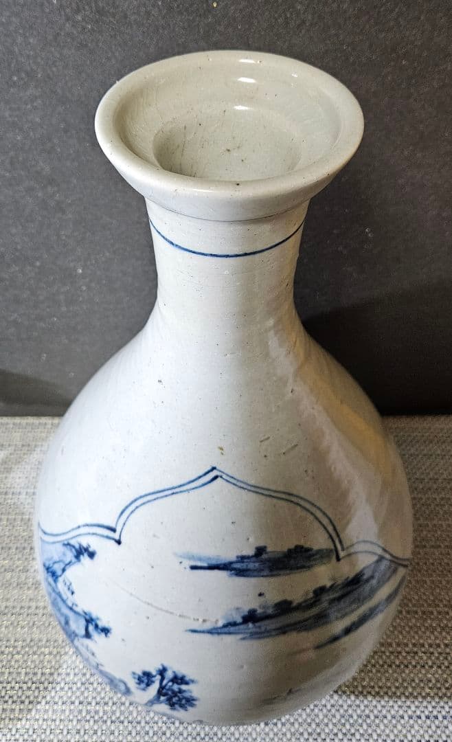 李朝　青華　染付　楼閣山水人物図　大瓶 大壺　高 約37.2cm　韓国古美術