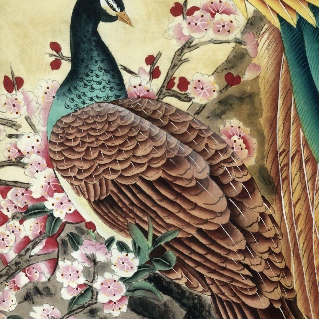 劉奎齢 花鳥画 掛け軸 中堂 孔雀図 中国画 表装済 サイズ：174×77cm