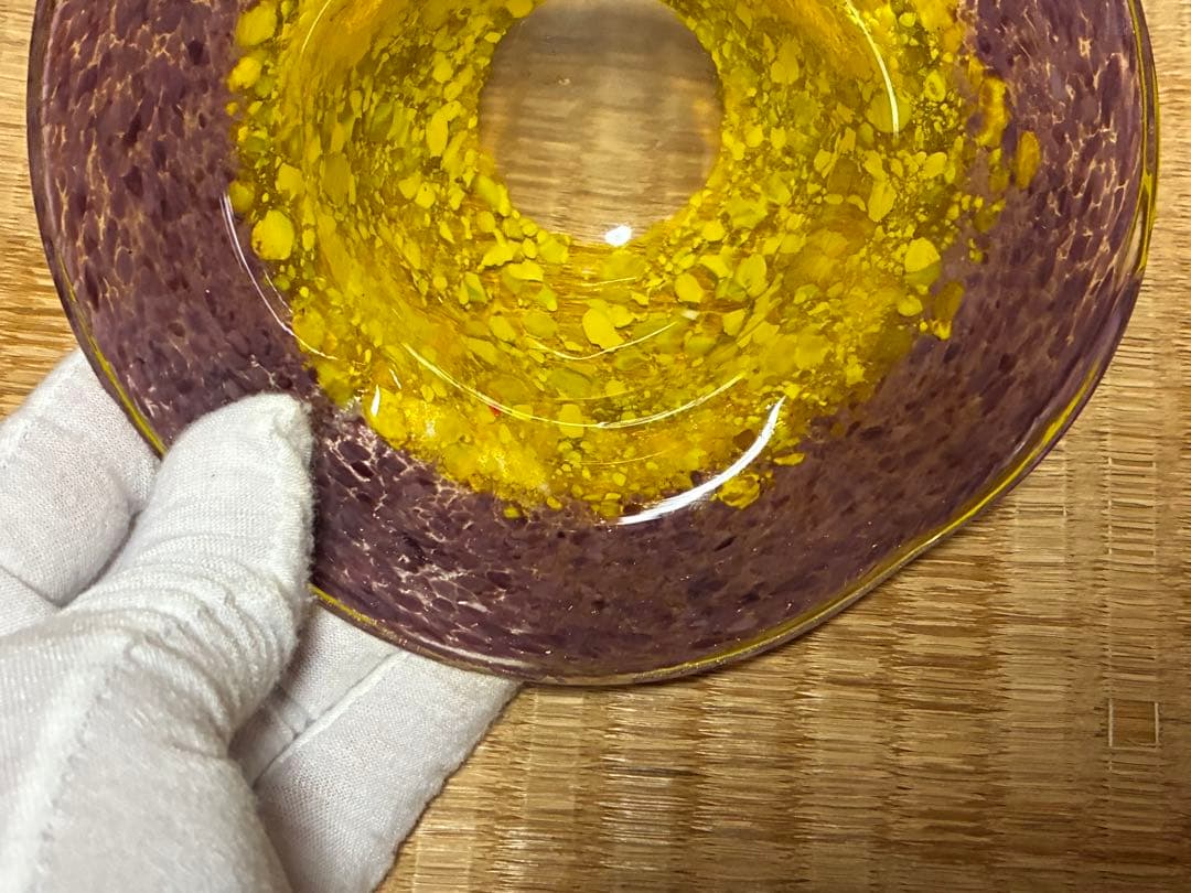 岩田ガラス 硝子 紫と黄色 ガラス皿 灰皿 【岩田藤七】共箱