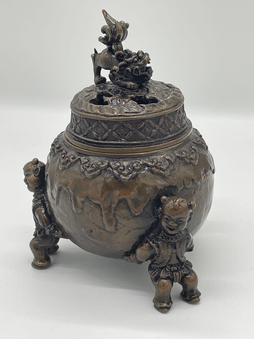 【美品】高岡銅器 金工家 二上常太郎 元威 蝋型鋳銅 唐子足 獅子香炉 香爐