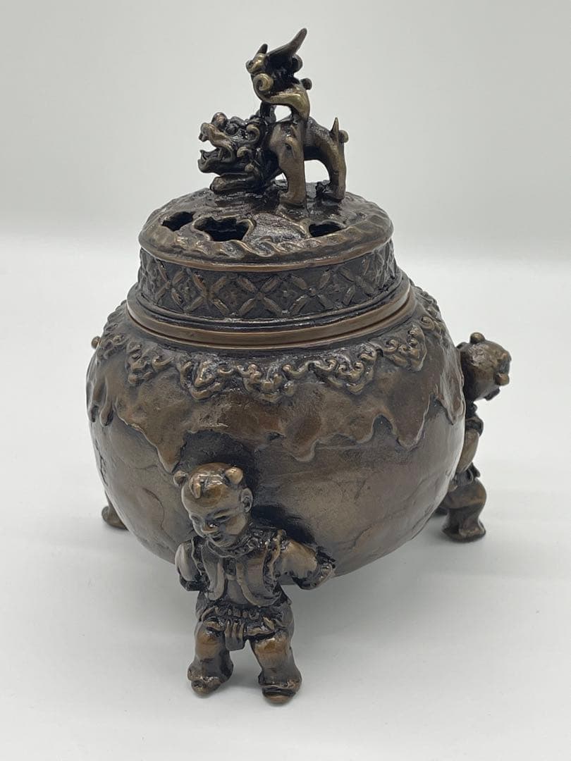 【美品】高岡銅器 金工家 二上常太郎 元威 蝋型鋳銅 唐子足 獅子香炉 香爐