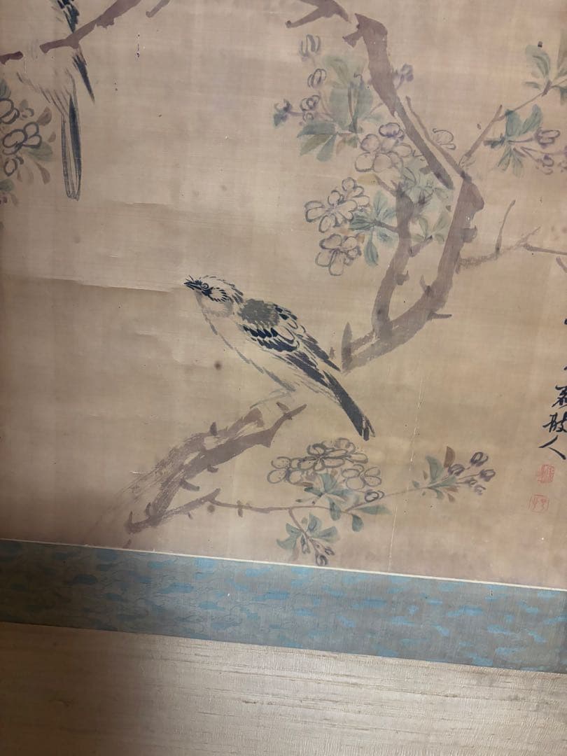 水墨画 鳥と花 李三白鶴 署名あり　掛け軸　骨董品