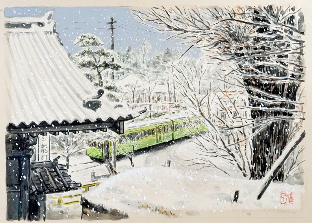 真作 田口雅巳『雪の竜口寺』水彩画 直筆 原画 共シール 落款完備 額装 江ノ電