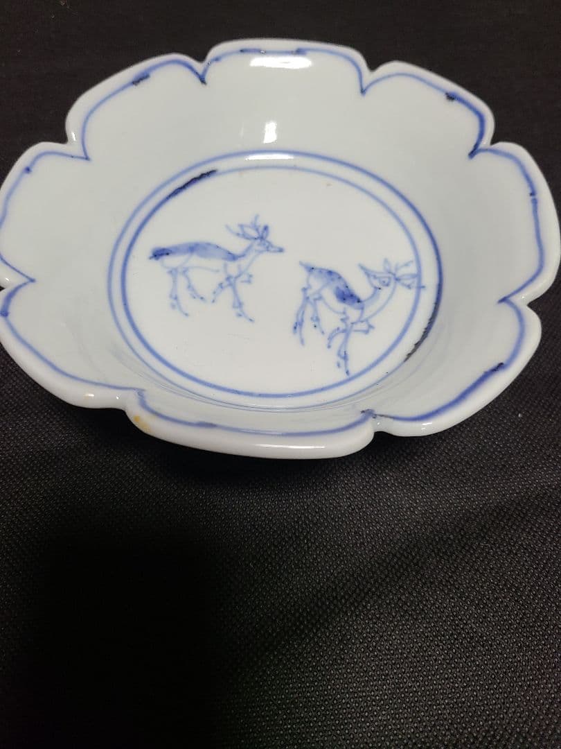 須田菁華九谷焼染付双鹿図三脚向付け　皿