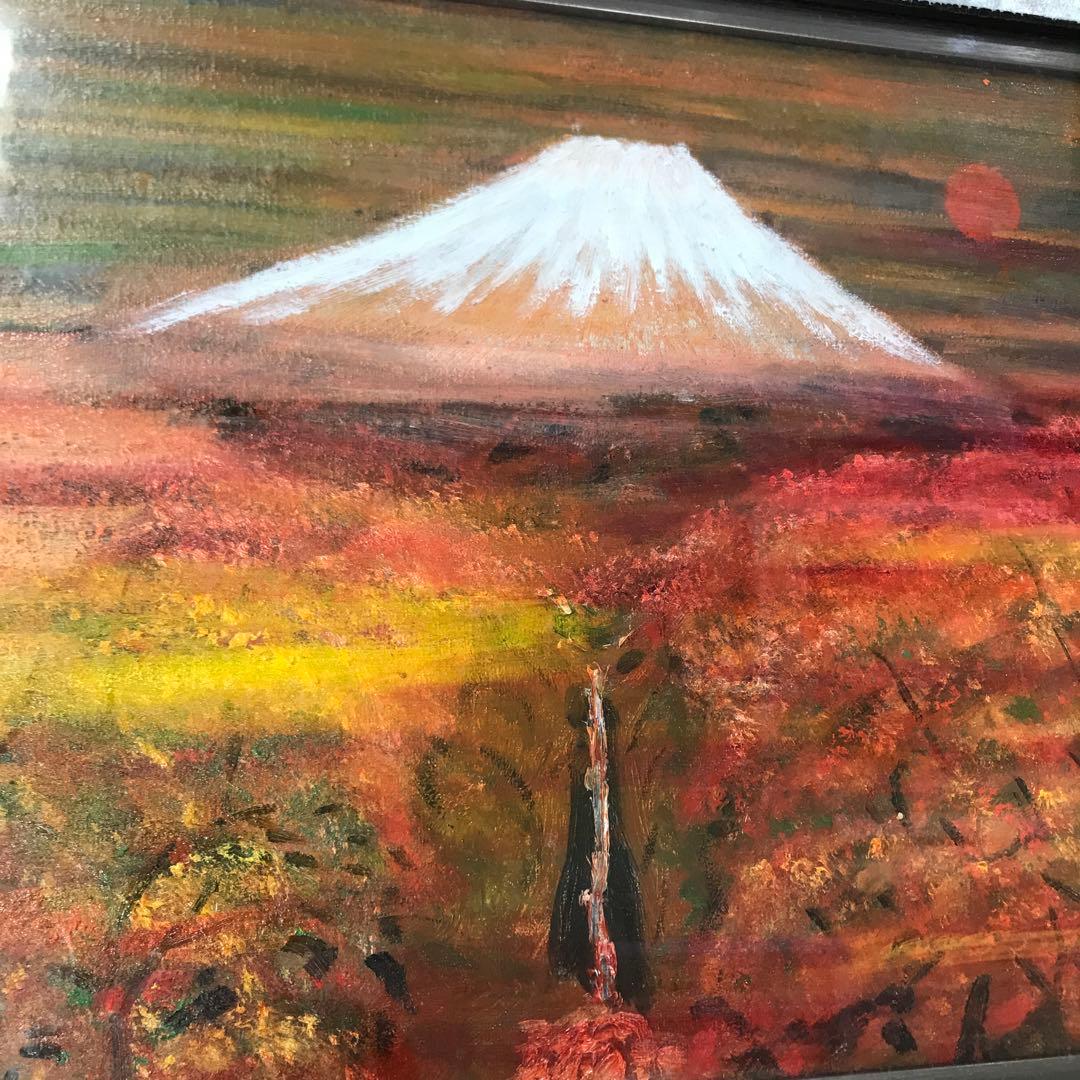 油彩画　真筆保証　富士山と滝と紅葉　自作絵画　堀口　守