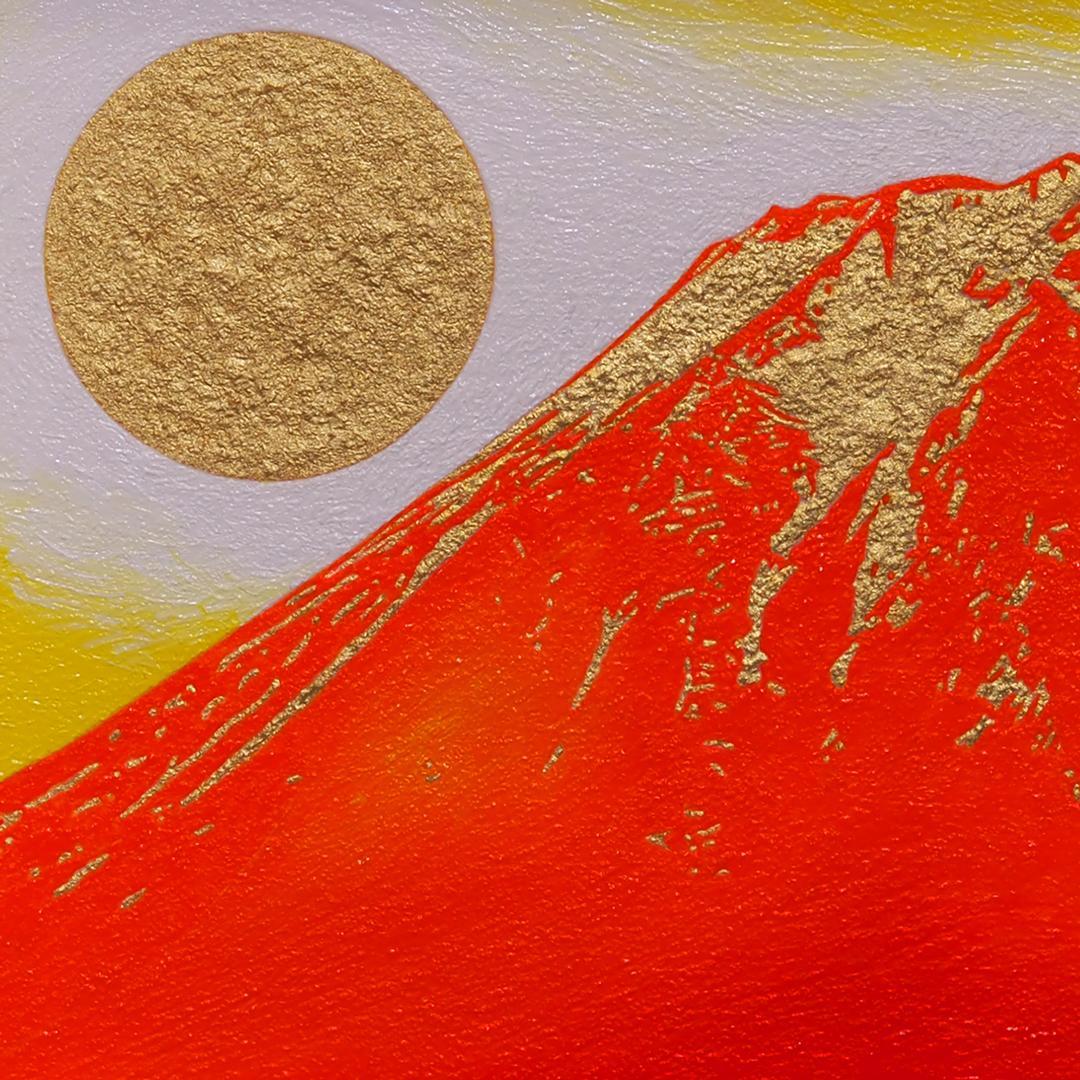 肉筆油絵●富士吉田からの金の赤富士山●がんどうあつし直筆絵画SM油彩額装品