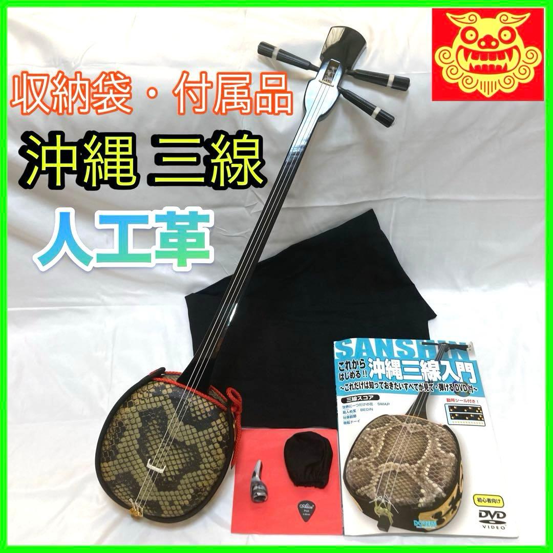 【美品】三線 沖縄 初心者 人工皮 蛇革 蛇皮 収納袋 付属品 DVD 和楽器