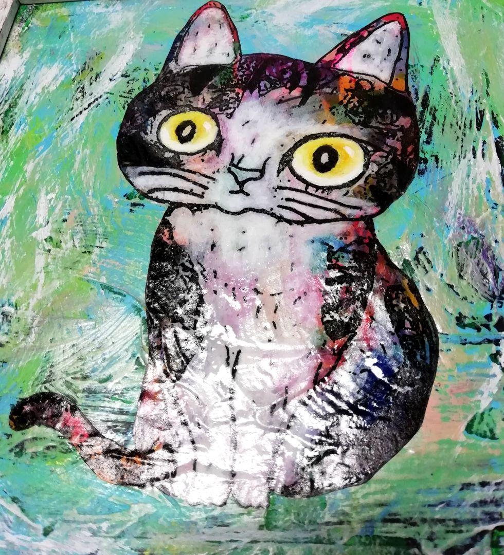 額付き銅版画応用絵画　title「ひらめき猫」アップグレード