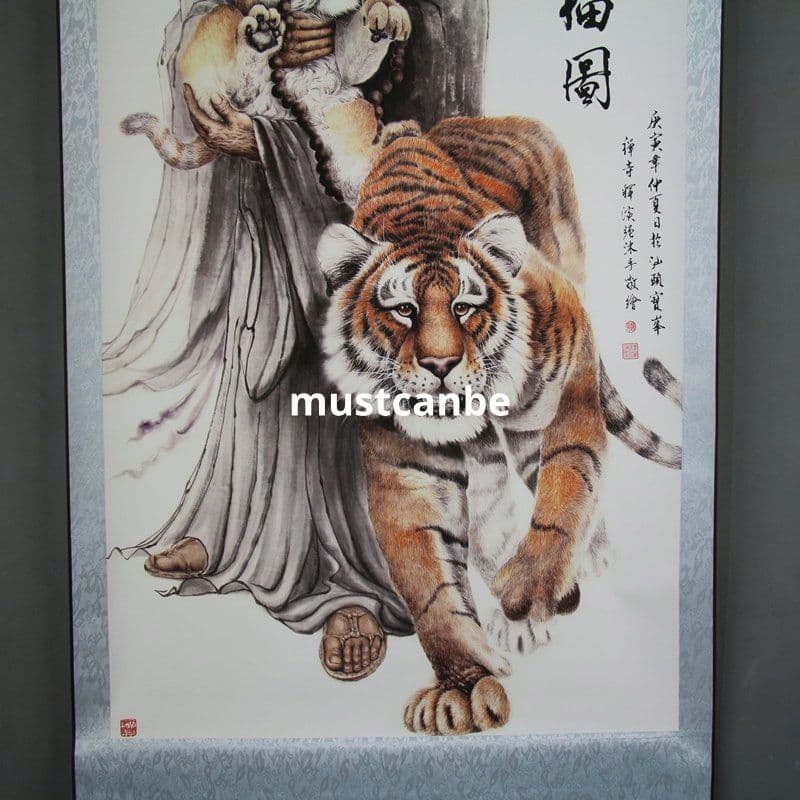 中国美術品 山水宣紙巻物画 掛画 仏像達磨双虎福図 達磨伏虎現代工芸品美術品置物