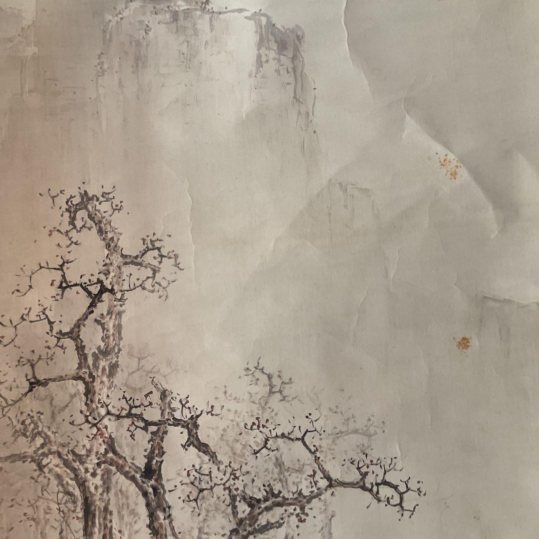 風景画 絹本 作者 題目不詳 軸先漆木細工軸