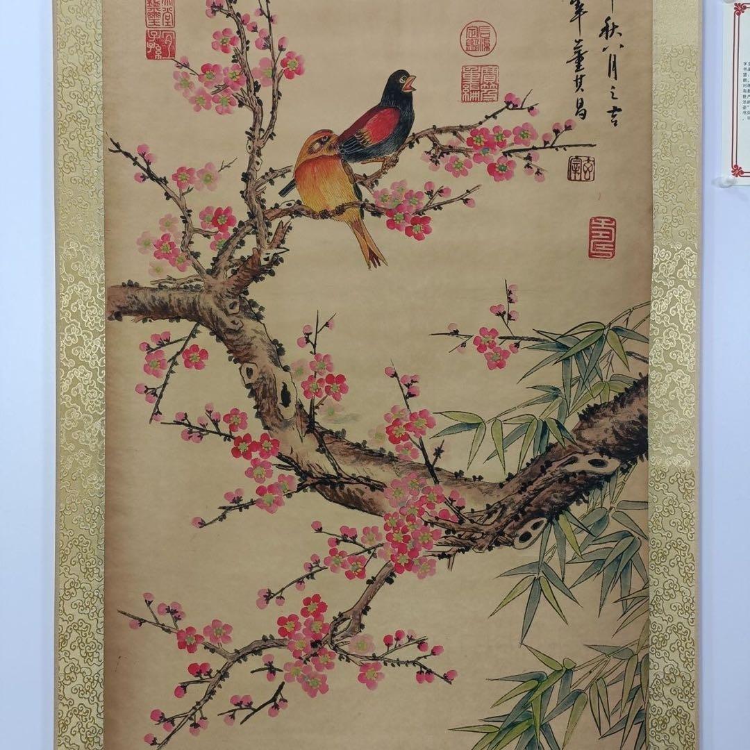 董其昌様式 花鳥図 掛軸 三尺中堂画 証書付き 高級インテリア 客間 玄関装飾