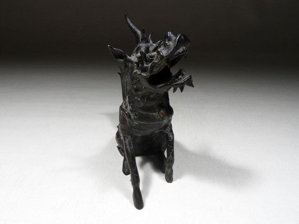 ●貴重 時代物 麒麟銅香炉 神獣 瑞獣 古銅 斑紫銅色 唐金 高さ16.5cm