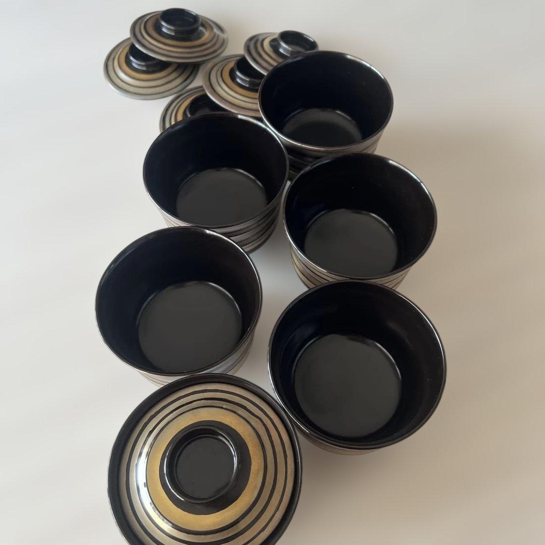 黒と金のストライプの漆器椀セット　6客　稲忠漆器店