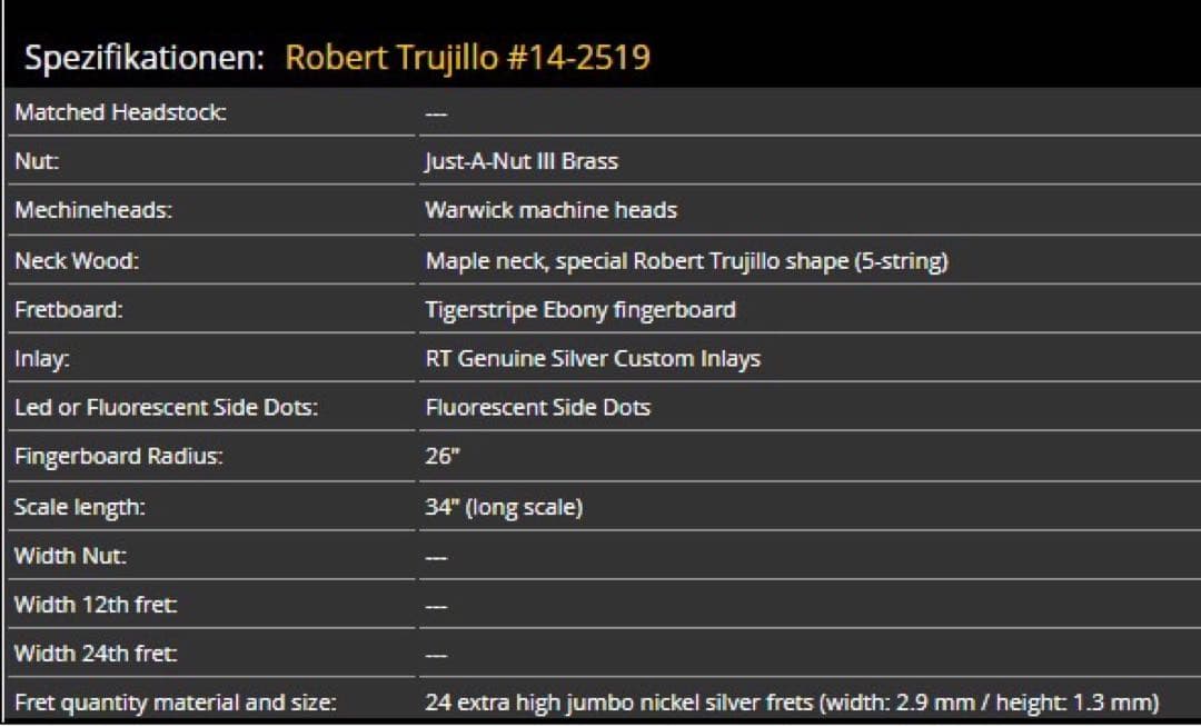 ベース Warwick Custom Shop Robert Trujillo Sig