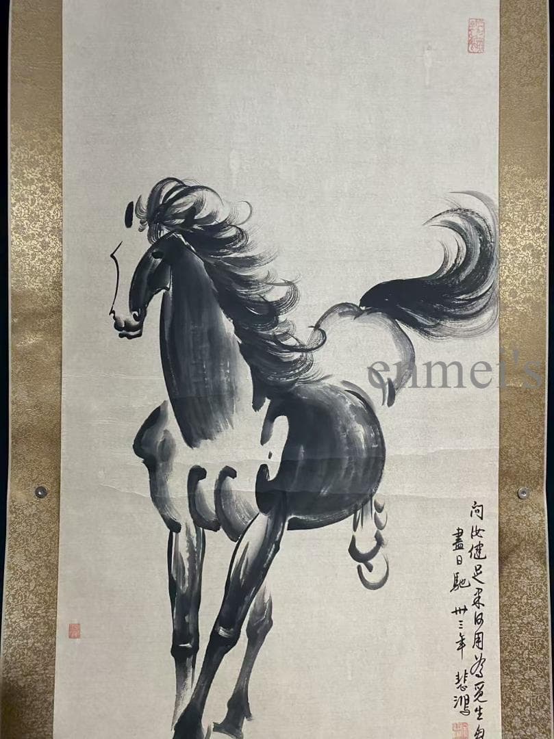 中国古美術 近代 徐悲鴻款 神馳画 掛け軸 宣紙 唐物 書画 馬の水墨画 肉筆