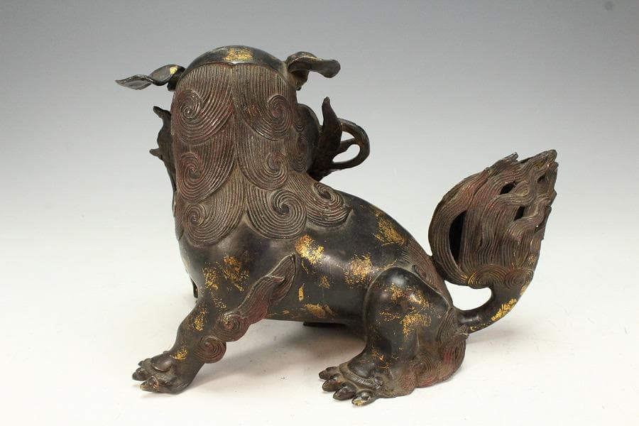 色絵銅 親子獅子 置物 24.5cmx14cm 時代物(K-XA771)