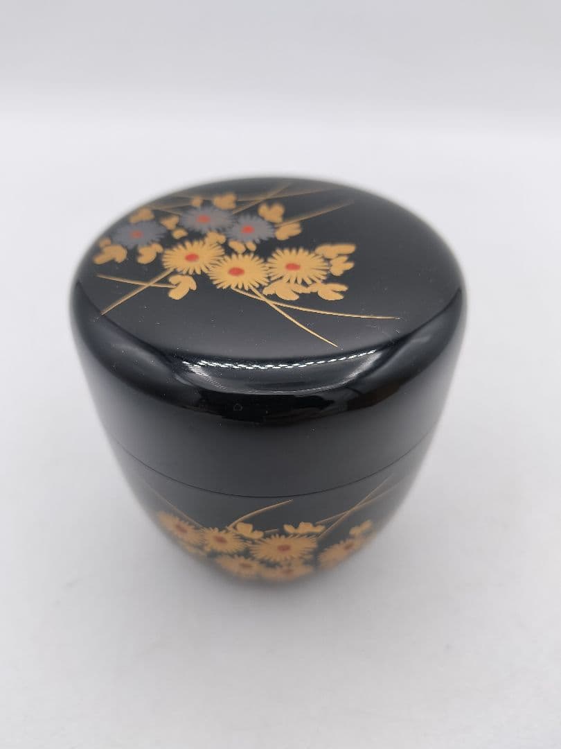 c614 黒中棗 菊蒔絵 岡本陽斎 木箱 茶道具 古物