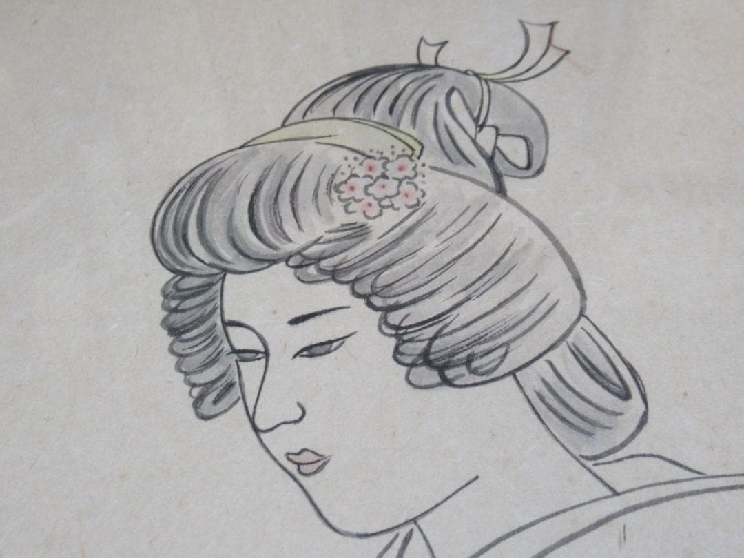 真作 美品 1950年代額装◆伊東深水 直筆「茶の湯」和紙 美人画素描 落款有り