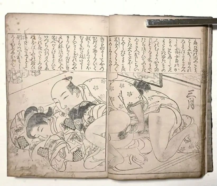 貴重春画大型本黒摺版画、女貞訓下所文庫月岡雪鼎画、明和5年頃出版、直し補修あり