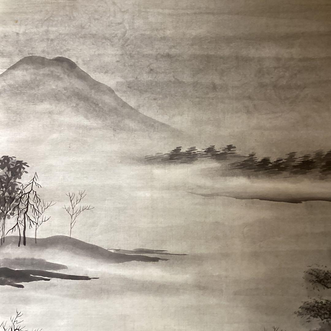 橋本雅邦　紙本水墨画《風景人物画》肉筆　落款印譜あり　双幅捲り　模写　NO107
