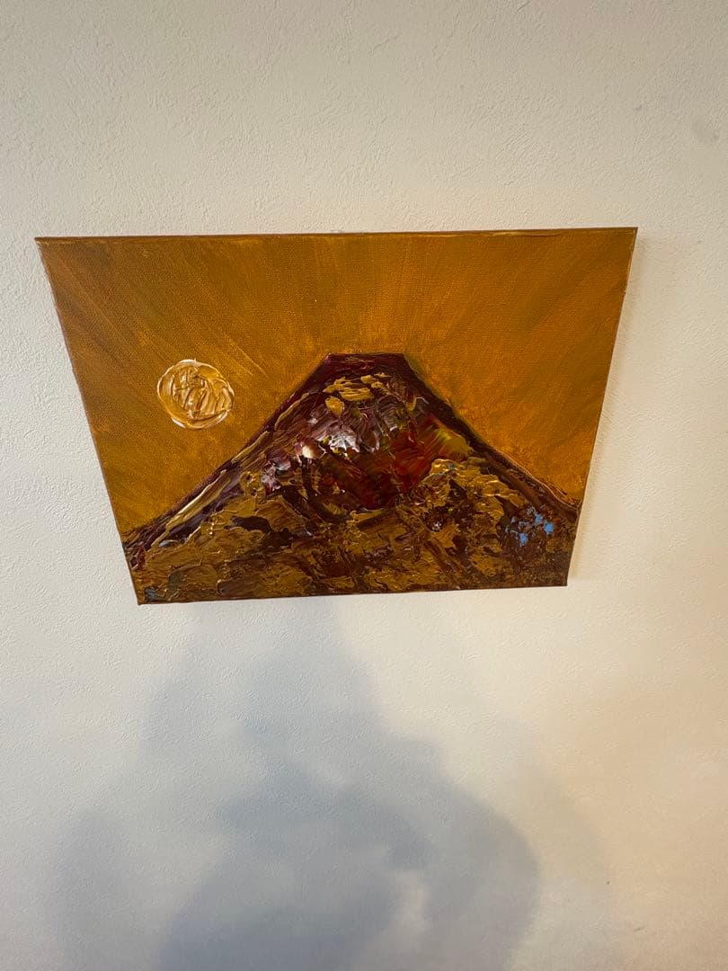 週末セール　赤富士山 鳳凰色　太陽　アクリル画 金色　風水　絵画　　f4