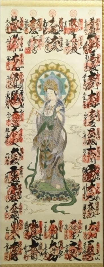 掛軸『西国三十三箇所霊場巡礼満願御朱印集印譜』絹本 共箱 掛け軸 x190919