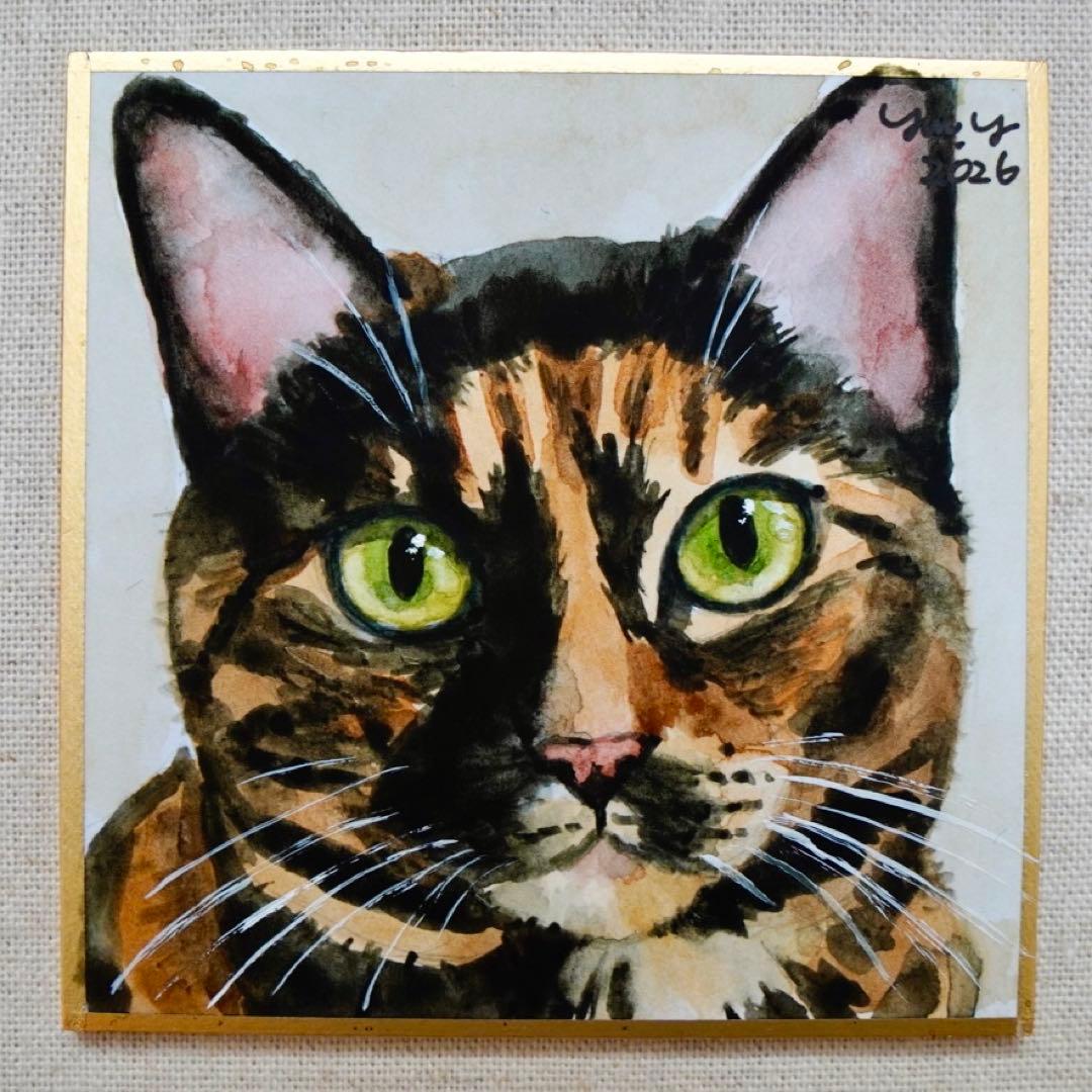 猫の絵 401水彩画 原画 ミニ色紙 豆色紙 サビ猫