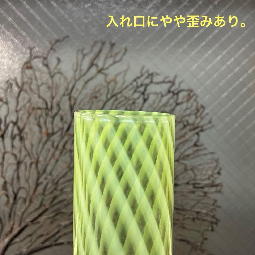 骨董　時代ガラス　希少　黄色乳白色　縞紋　筒型容器　花器　蓋は後付け