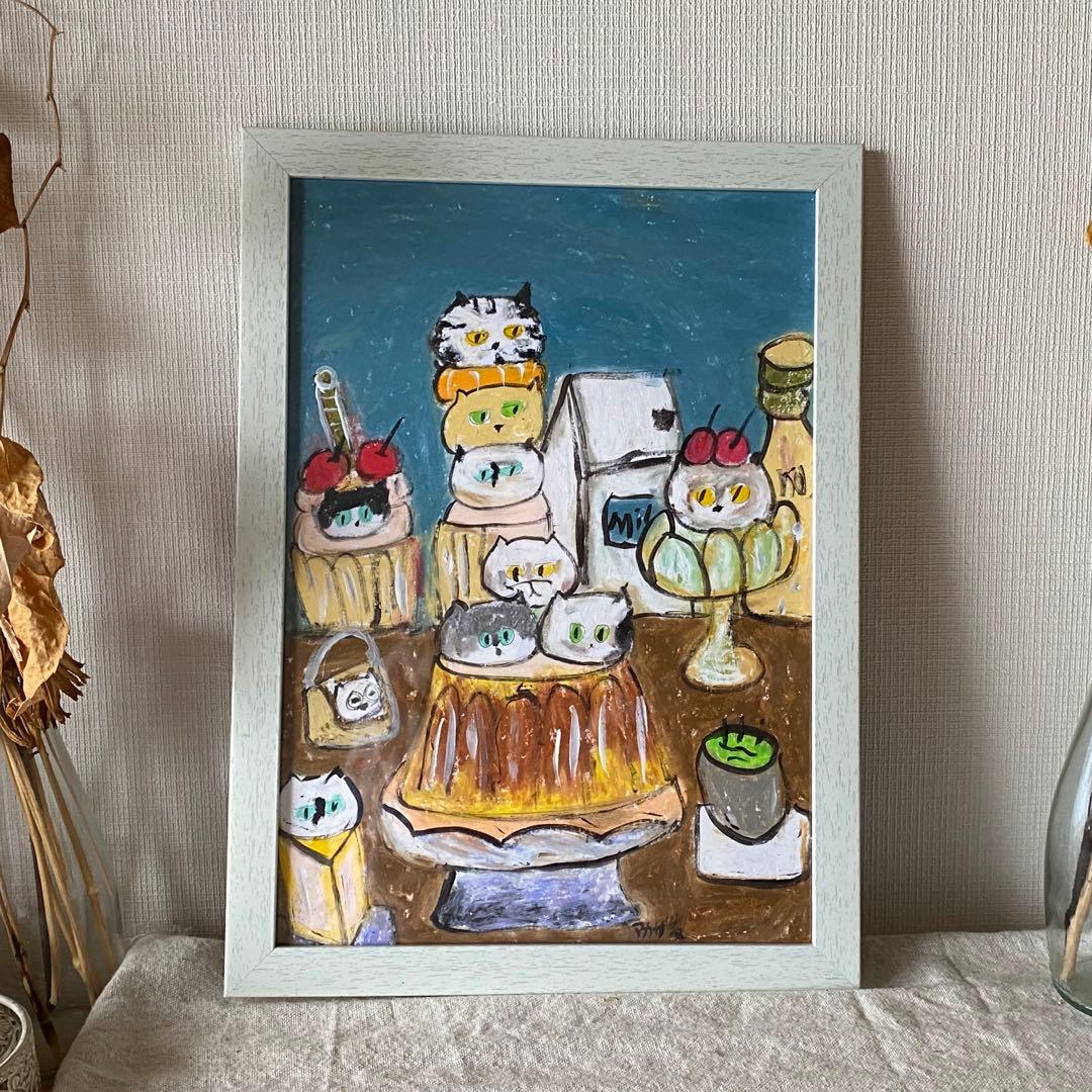 絵画。壁掛け原画【Cute cat cake】0 3