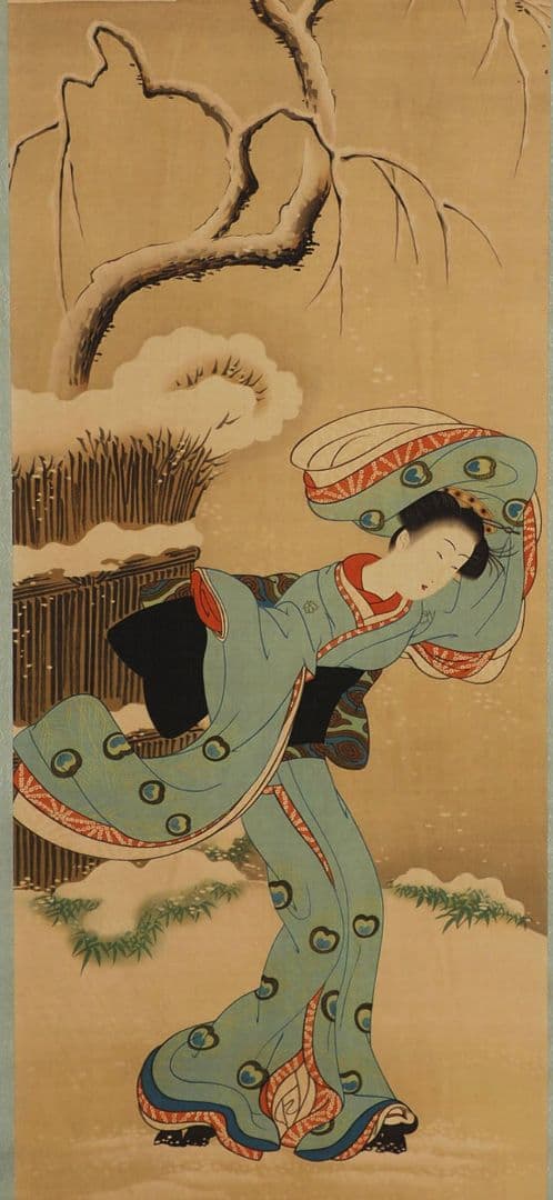 磯田湖龍斎 美人画 極彩色 肉筆 絹本 掛軸 江戸時代中期 浮世絵師 錦絵