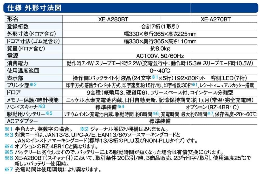 1115バッテリー駆動スキャナ付インボイスレジスターXE-A280BT軽減税率