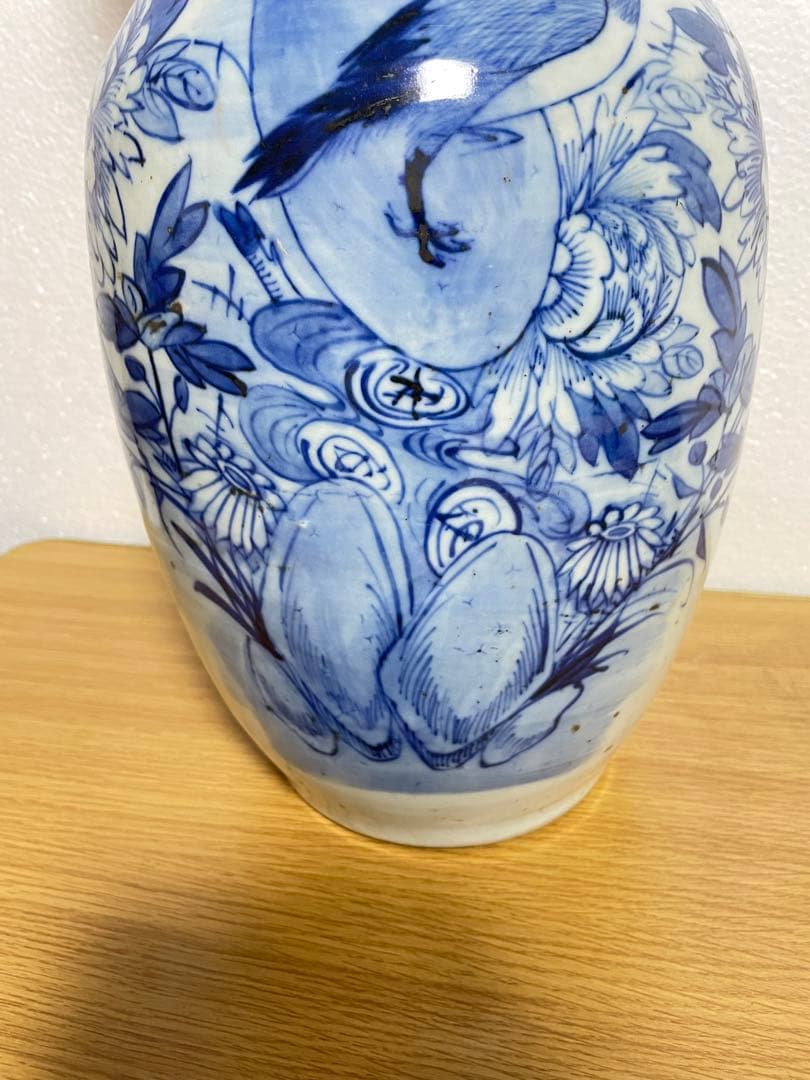 中国古玩　染付 双耳 大花瓶 高約43.2cm 清朝 時代物 中国美術 花瓶