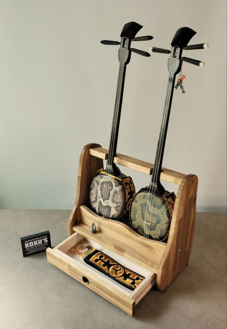 沖縄三線スタンド 正面向き2丁用 引き出し付き 木製 ハンドメイド