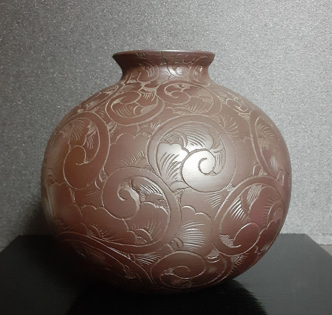 萬古焼　【善作】　唐草彫文様　壺　花入れ　茶道具　茶器　花瓶