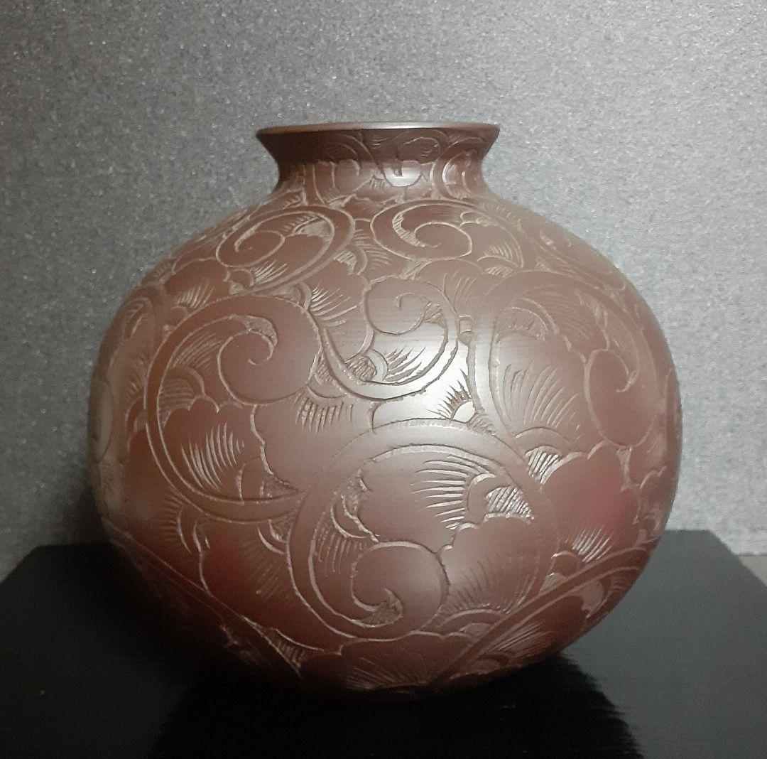 萬古焼　【善作】　唐草彫文様　壺　花入れ　茶道具　茶器　花瓶