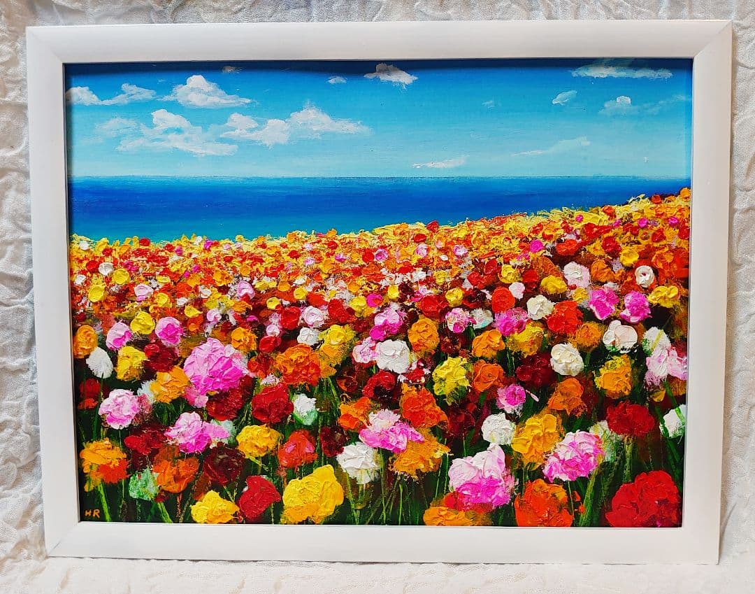 油絵 絵画 【海のお花畑】