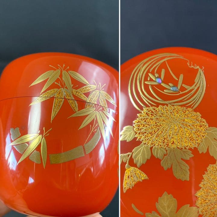 018D82 送料無料　朱塗　花丸蒔絵　中棗　棗　茶道具　茶室