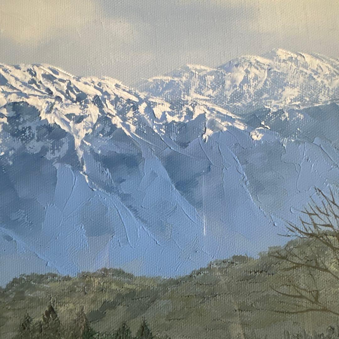 雪山と川の風景 油彩画