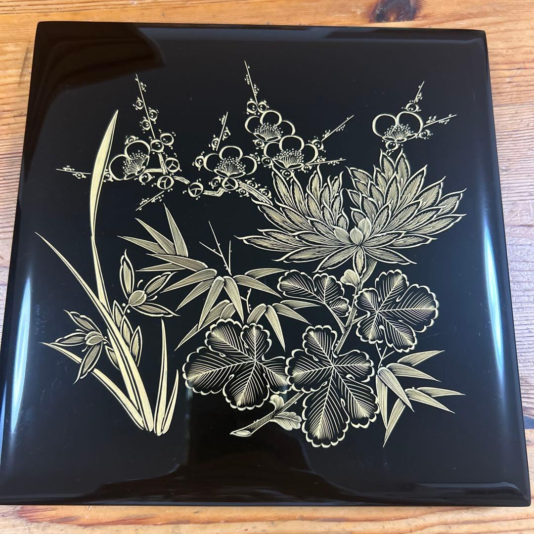 希少　輪島塗　輪島屋　高級漆器　沈金　二段重　金彩蒔絵　台付　伝統工芸　天然木
