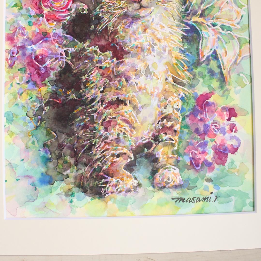 猫の絵 水彩画 原画 額付き「花の香り」F4