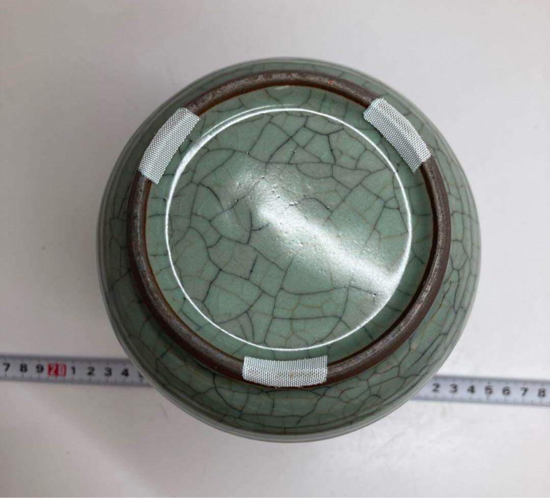 中国古窯哥窯青磁環付花入　口3.5cm 高21.3cm