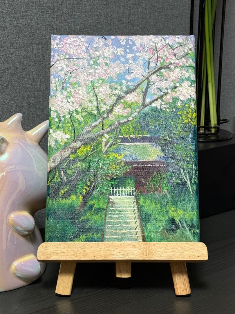yue　「桜と寺」　手描き　油絵　風景画　原画　油彩画　印象派