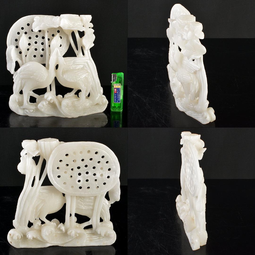 中国　玉石白玉彫刻　蓮に鶴　置物　V　R5692