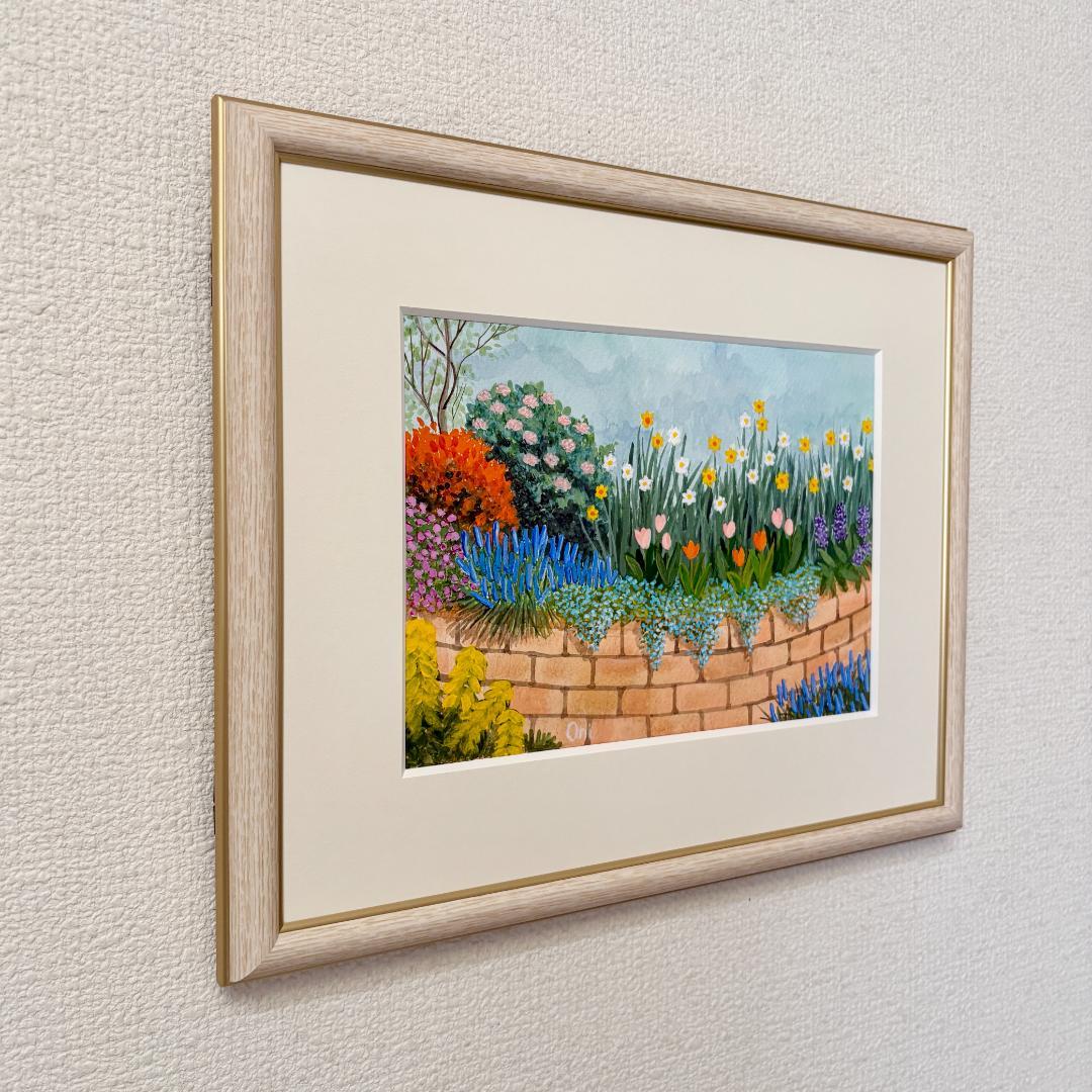 アクリル画　原画　「小さな花壇04」額縁付　SMサイズ　風景画