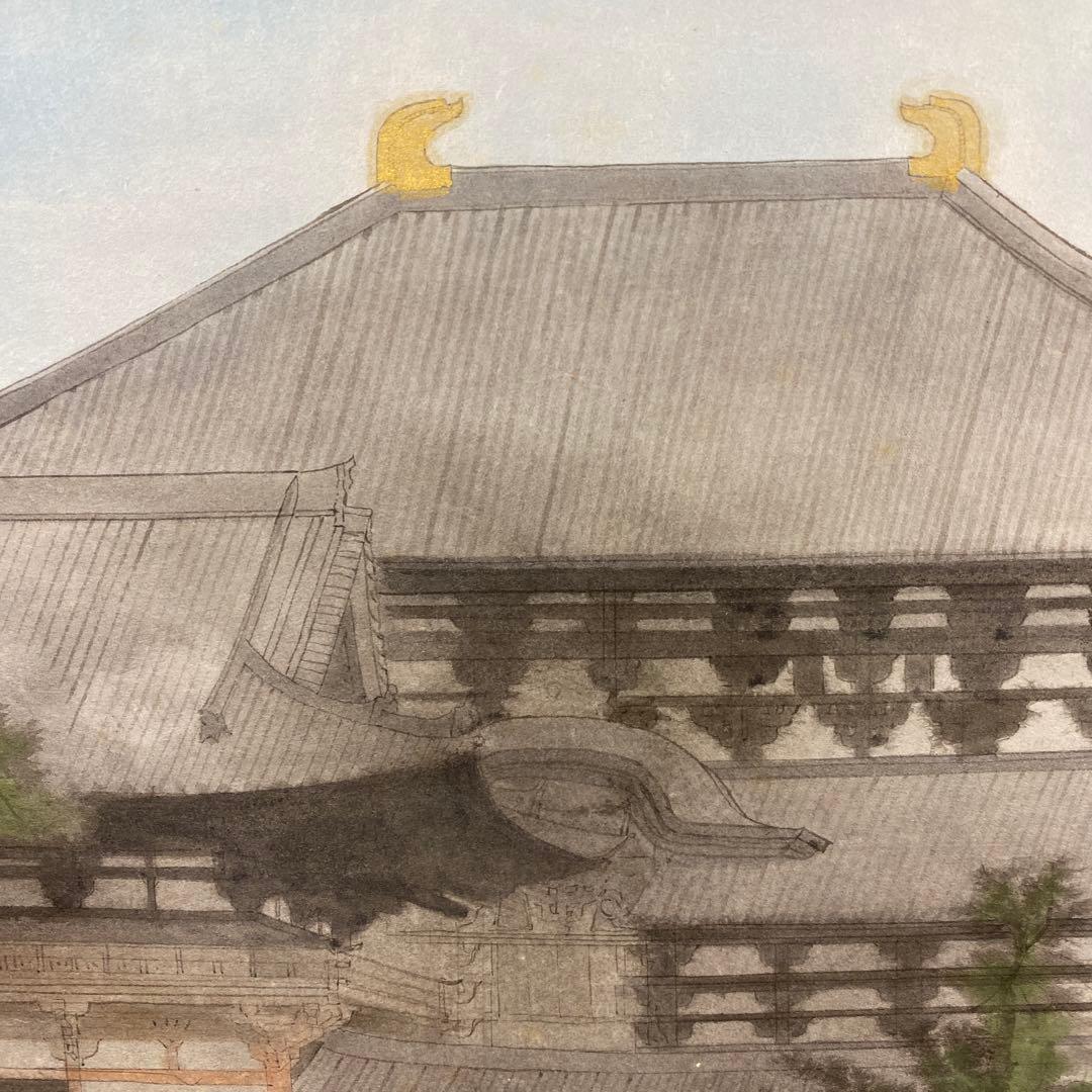 美品 掛け軸 高橋新三郎作 東大寺図 共箱 太巻き付 京都 風景画