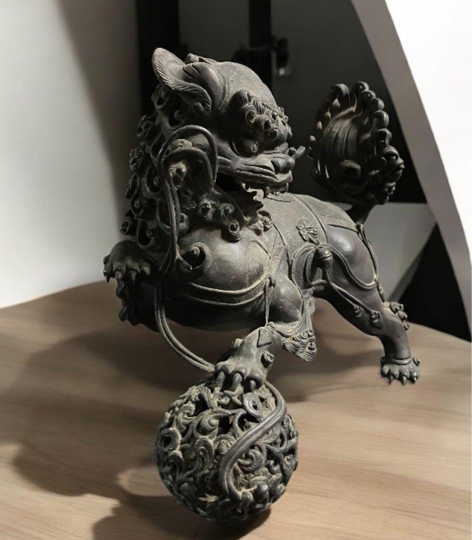 旧家　古い銅製　高炉　獅子　古銅宣徳銅　神獣　魔除　縁起物　彫金　玉獅子